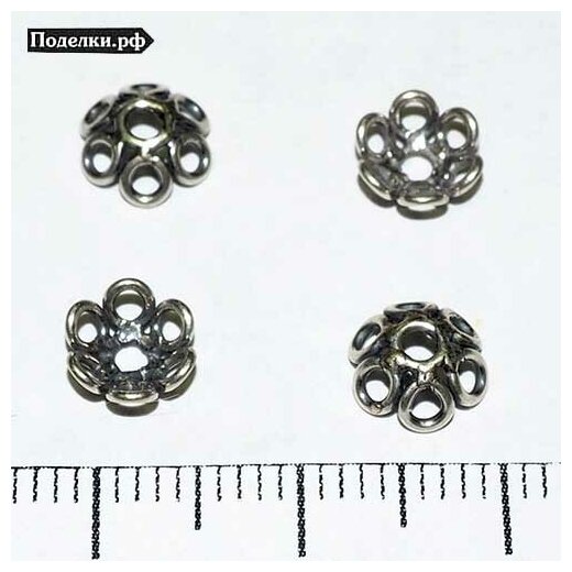 Фурнитура для бижутерии Крепежная шапочка литая Бали Цветок шестилистный 0006342 серебро 7x3 мм, цена за 1 шт.