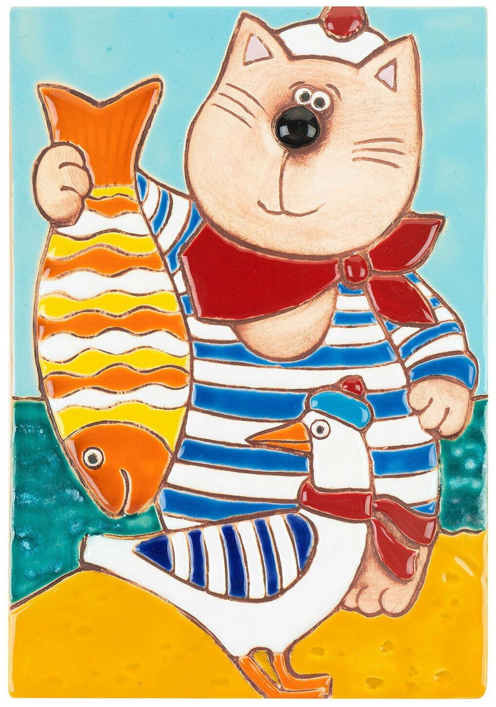 Панно керамическое декоративное Кот с чайкой авторской ручной работы (КМ Ариадна)