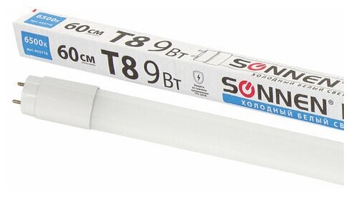 Лампа-трубка светодиодная SONNEN, 9 Вт, 30000 ч, 60 см, холодный белый (аналог 18 Вт люминесцентной лампы), LED T8-9W-6500-G13, 453716 (цена за 1 ед. товара)
