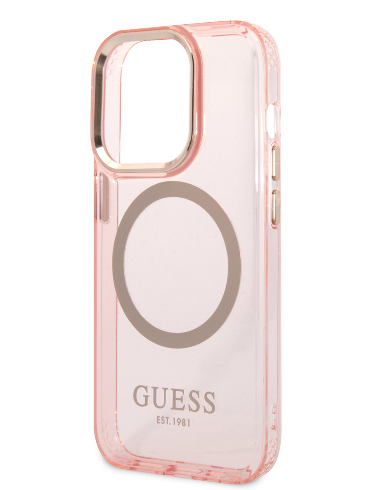 Guess для iPhone 14 Pro чехол PC/TPU Metal outline Hard Translucent Pink/Gold(MagSafe)