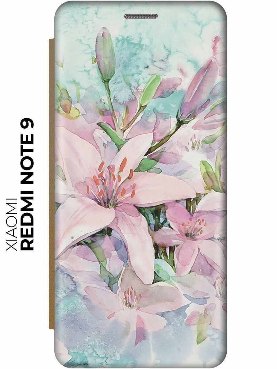 Чехол-книжка Нежные розовые цветы на Xiaomi Redmi Note 9 / Сяоми Редми Ноут 9 золотой