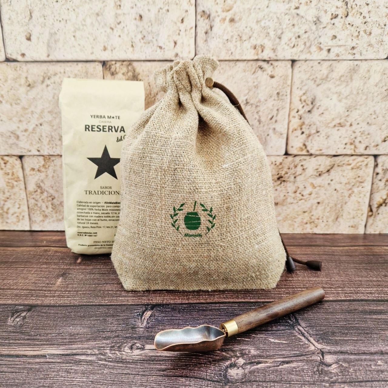 Джутовый мешок для хранения мате с лопаткой