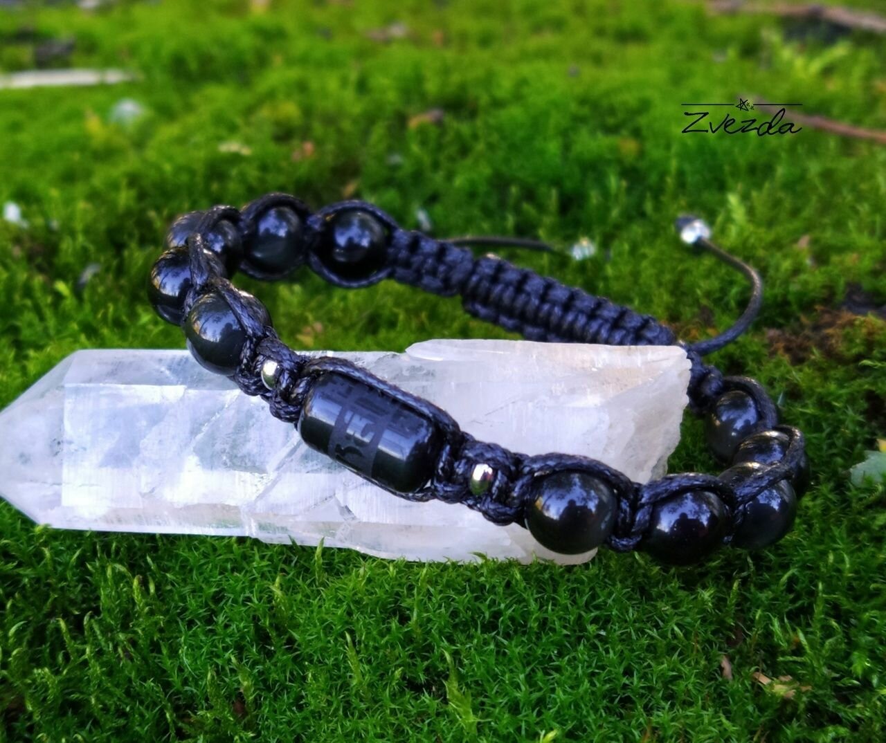Плетеный браслет, обсидиан