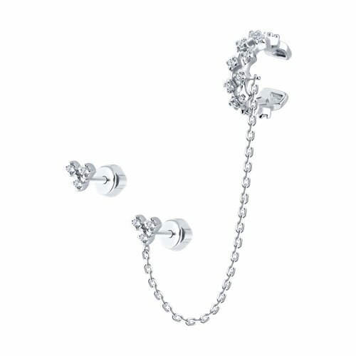 Серьги каффы, серебро, 925 проба, родирование, фианит