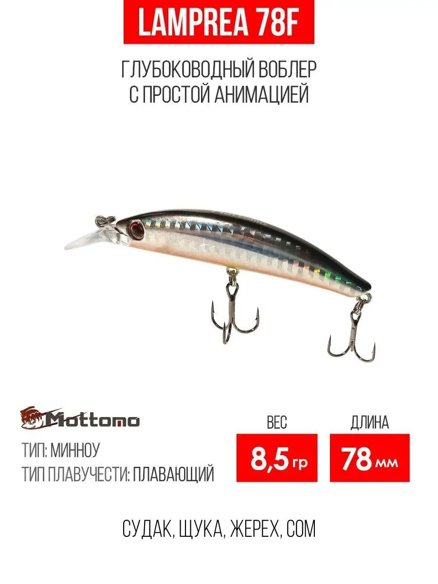 Воблер Mottomo Lamprea 78F 8,5g Silver Fish, миноу плавающий для спиннинга. Приманка на судака, щуки, жереха и сома