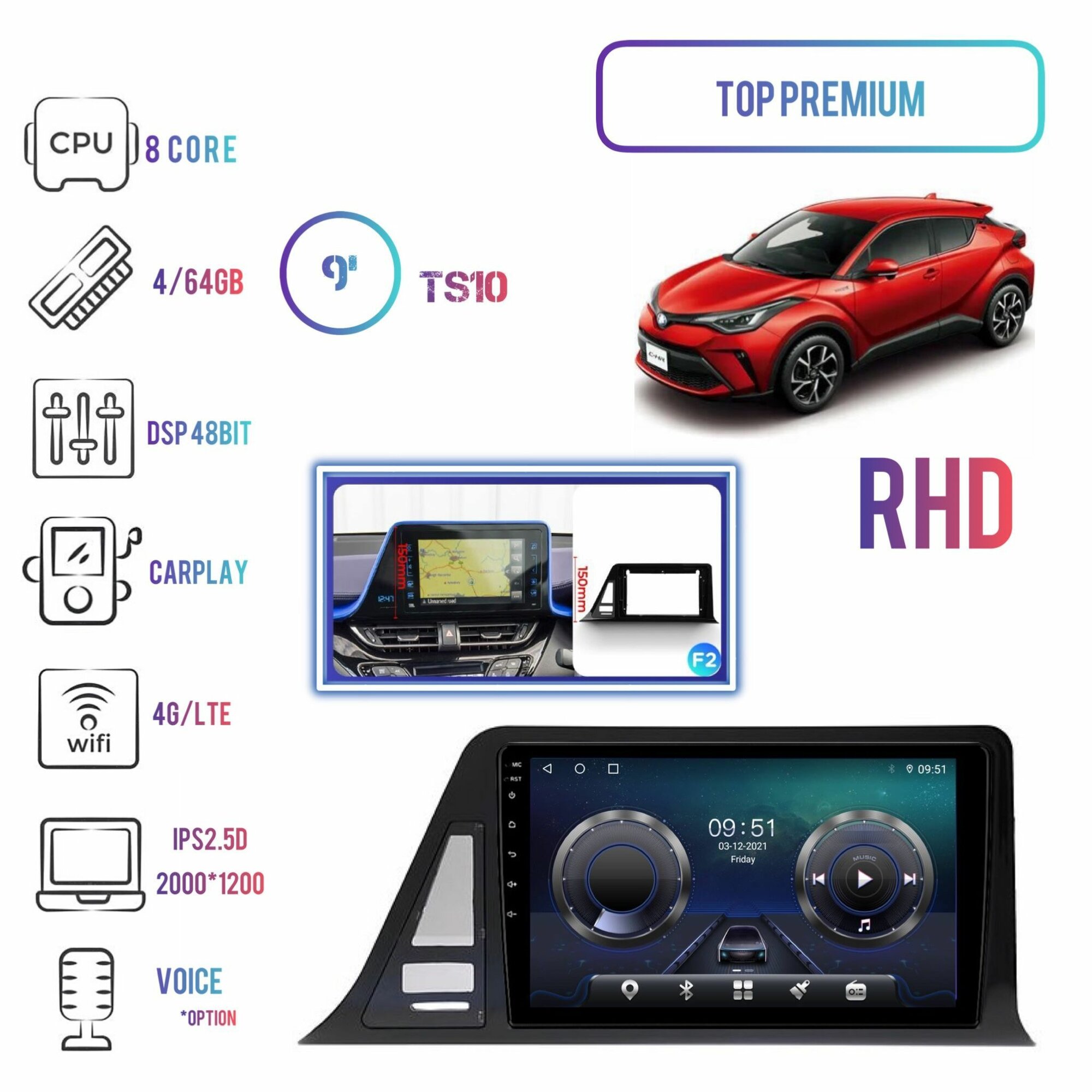 Магнитола для Toyota C-HR 2016 - 2019 MFB (RHD, CAN, AMP, CAM, USB) Андроид 4+64Gb