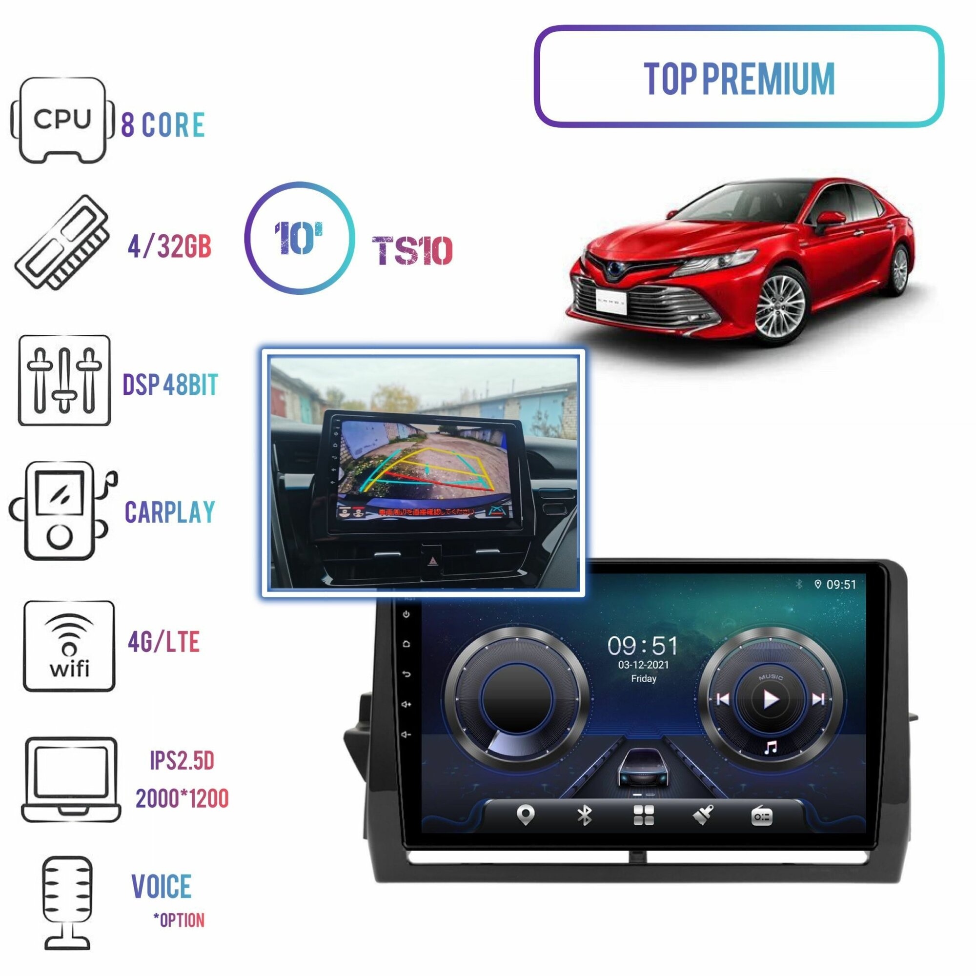 Магнитола XY AUTO Car Edition TS10, для Toyota Camry, Android 12, 32 Gb, 2000х1200 пикселей