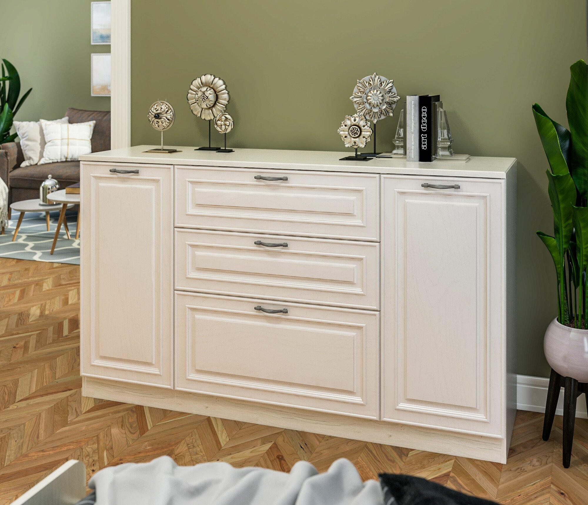 Комод столплит Гранд СБ-3526 с 3 выдвижными ящиками, с 2 полками, ЛДСП, Дуб Приморский Белый/МДФ Классика Светлый, 156х90х43 см