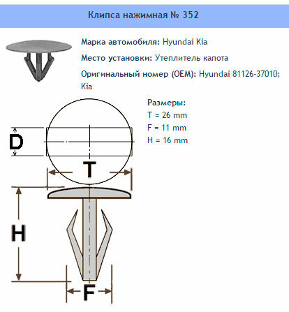 Клипса № 352 Clipston / Autokrep Hyundai Kia / Хендай, Киа Утеплитель капота, 10 шт