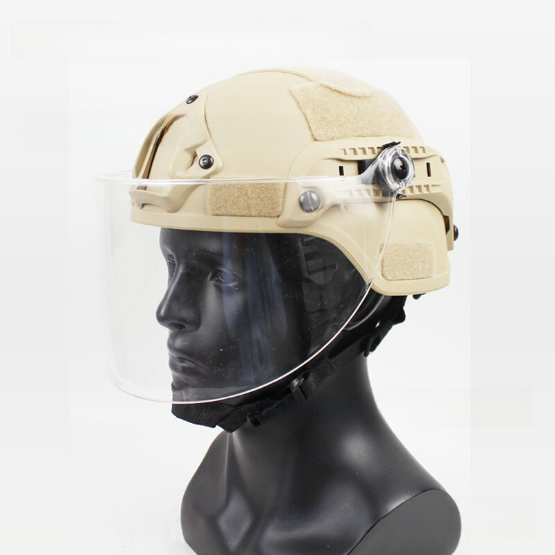 Шлем тактический MICH2000 Action Edition с прозрачной антивоенной защитной маской для патрулирования CS, ударостойкий для лица (песочный шлем с расширенной антивоенной маской, универсальный размер)