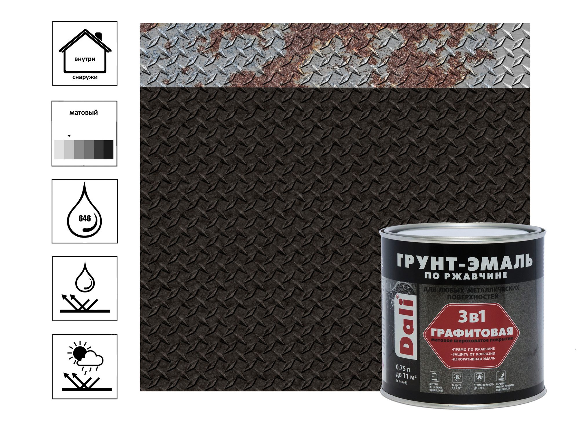 Грунт-эмаль Dali по ржавчине 3 в 1 графитовая, коричневый, 0,75 л