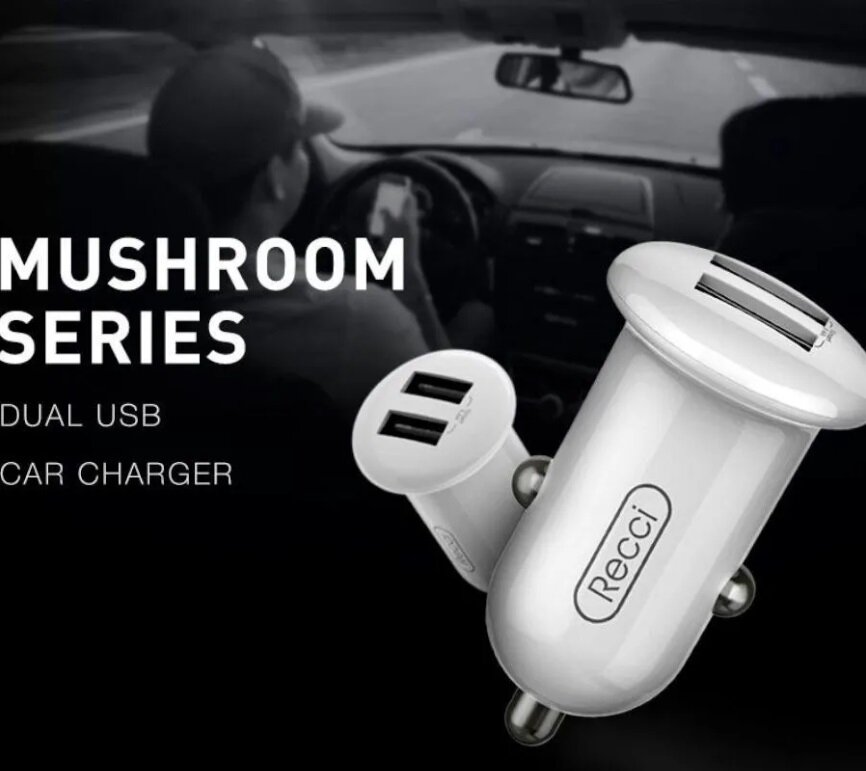 Автомобильное зарядное устройство Recci Mushroom Car Charger, 2xUSB, 3.4A, Белый, RUC-D2