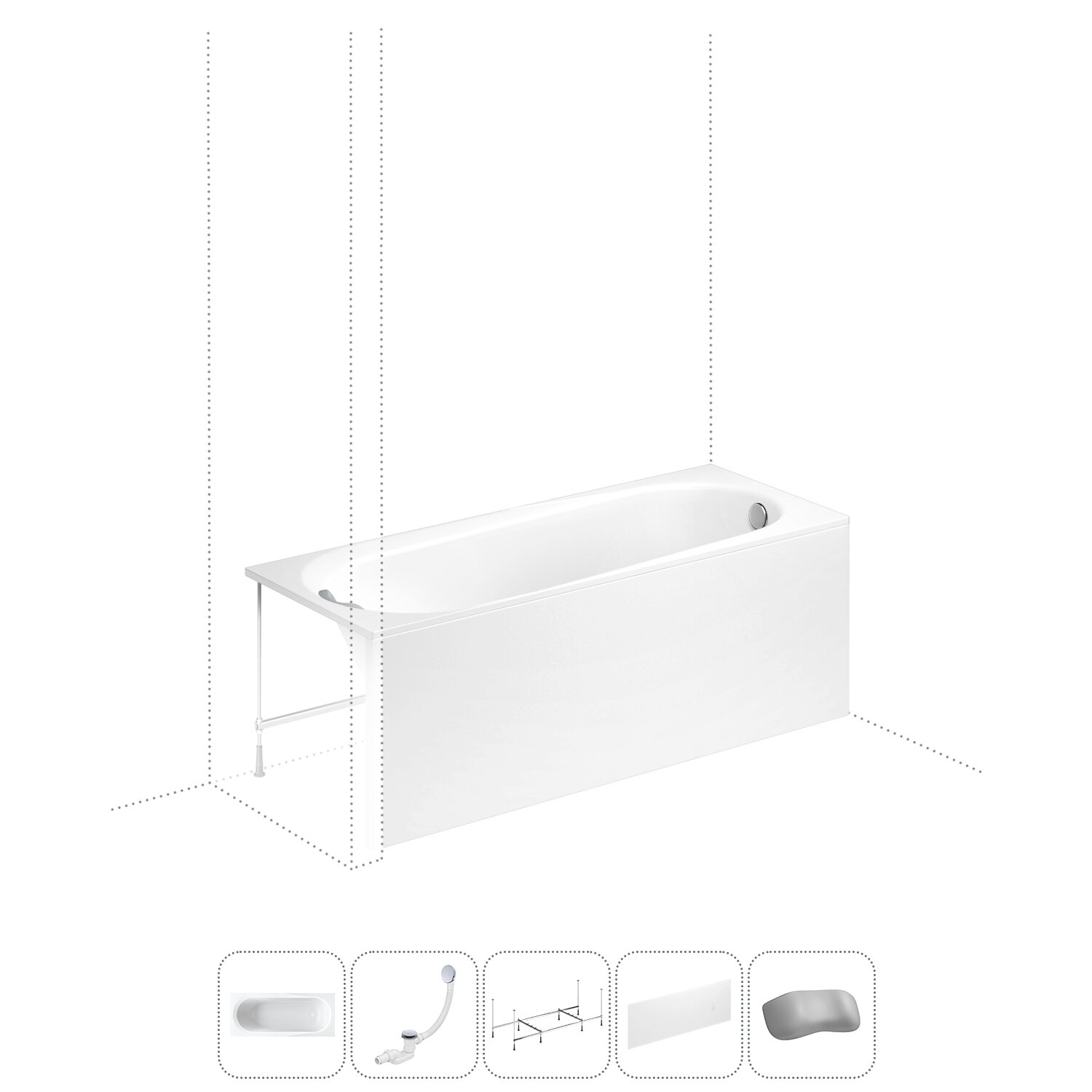 Акриловая ванна 150x70 с каркасом и экраном Lavinia Boho Biore 202011604 в наборе 5 в 1: прямоугольная ванна 150 x 70 см, слив-перелив, каркас, экран, подголовник