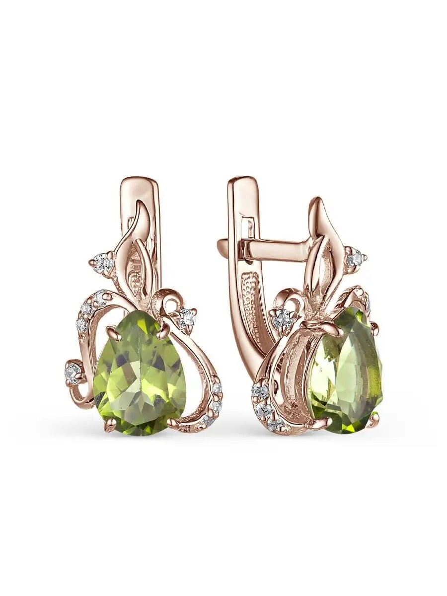 Серьги, красное золото, 585 проба, бриллиант, хризолит