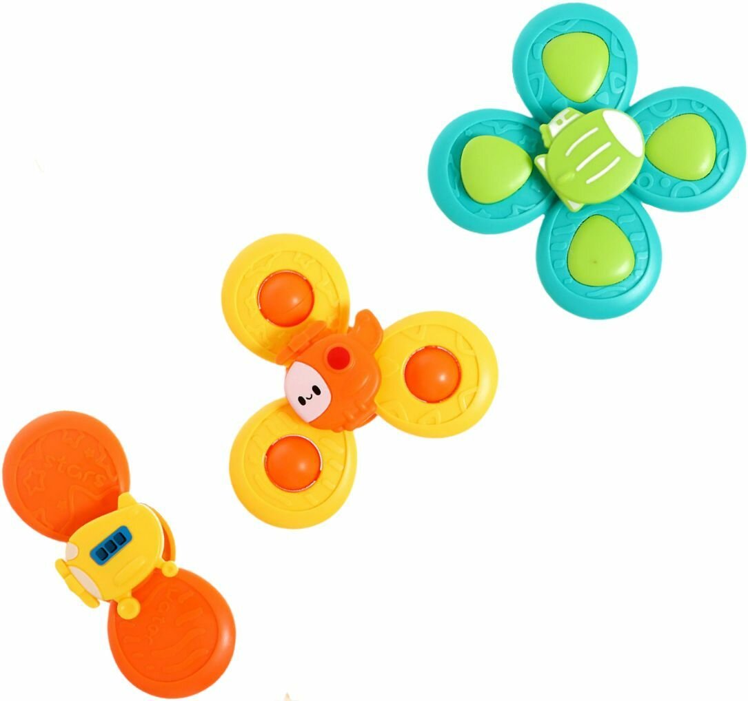 Набор спиннеров на присосках "Транспорт" для ванной, 3 штуки, игрушка-антистресс на развитие сенсорных способностей, тактильного восприятия и мелкой моторики, детская вертушка