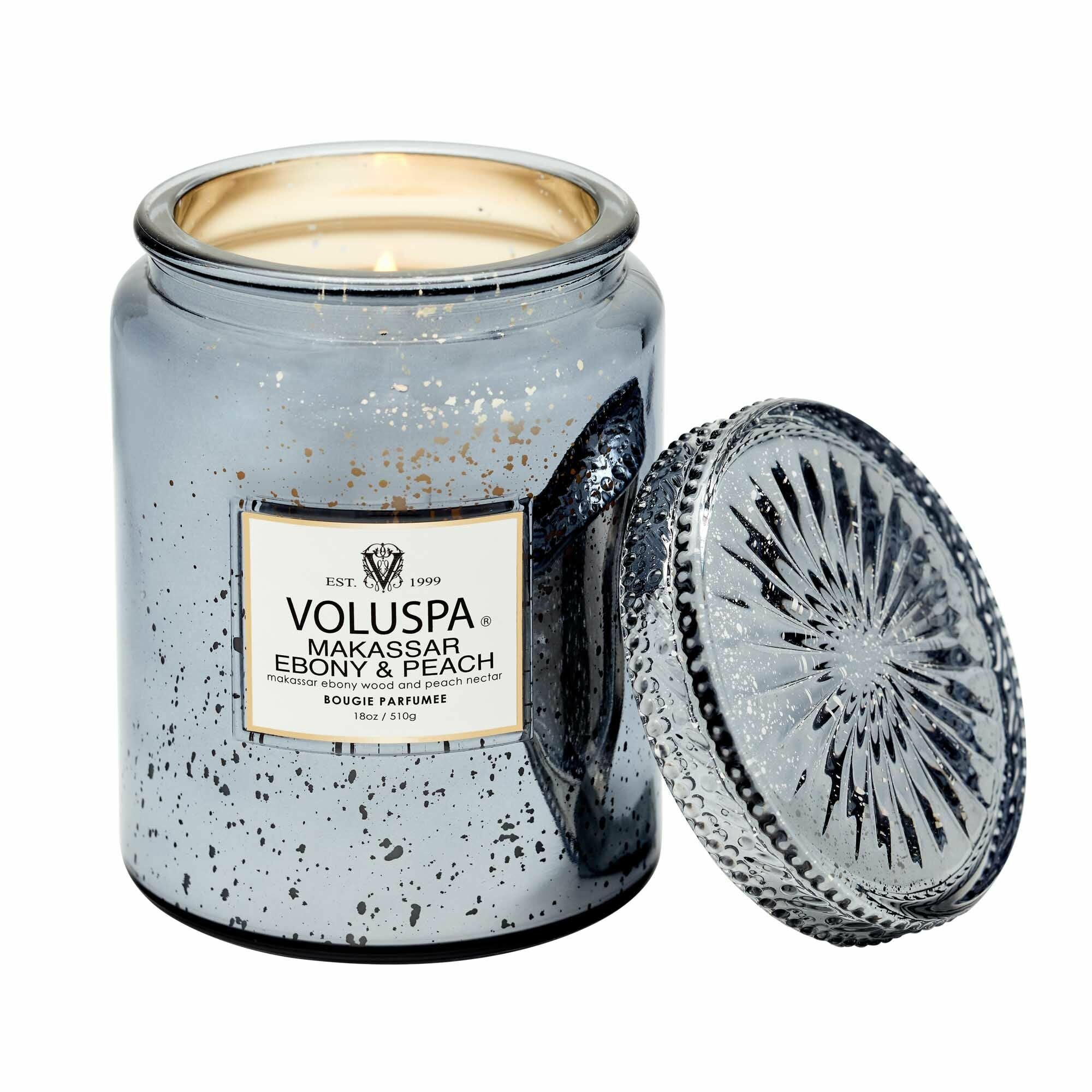 Свеча ароматическая VOLUSPA "Черное дерево и Персик" / MAKASSAR EBONY & PEACH в стеклянном подсвечнике с крышкой, 1 хлопковый фитиль, 100 ч. горения, 510 гр