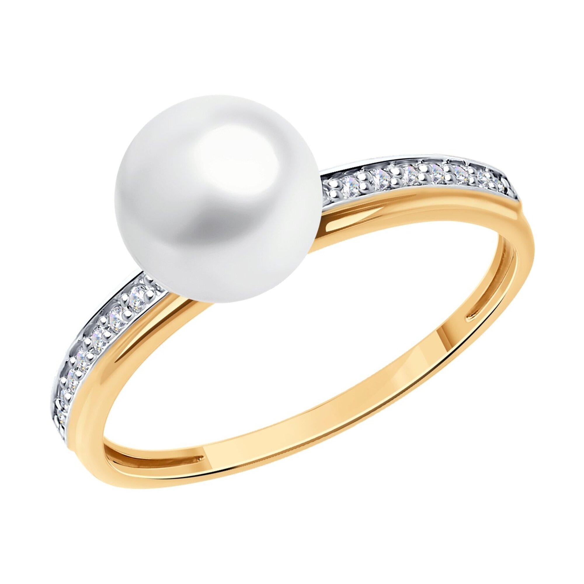 Кольцо, красное золото, 585 проба, фианит, жемчуг