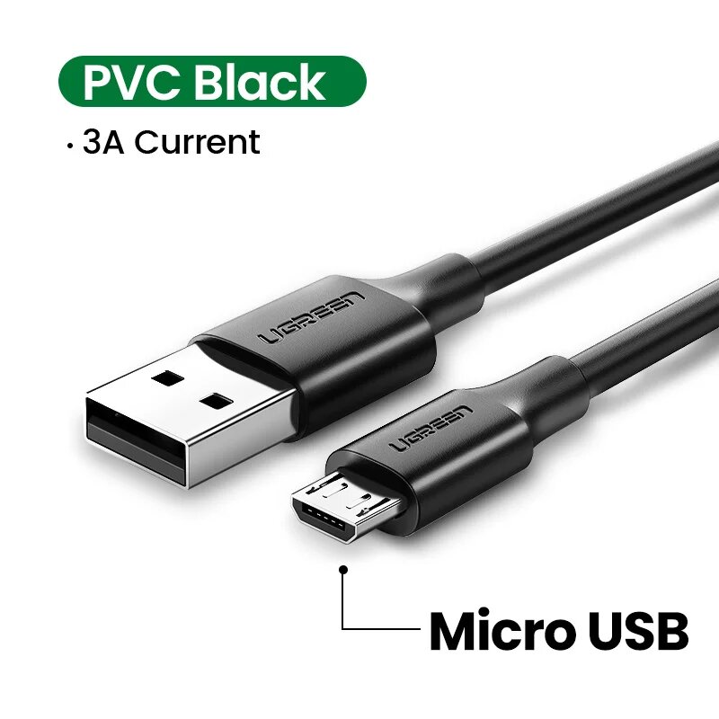 Кабель Micro USB Ugreen, нейлоновый кабель для быстрой зарядки, 3 А, USB Type C, для Samsung, Xiaomi, HTC 0.5m, Micro USB PVC Black