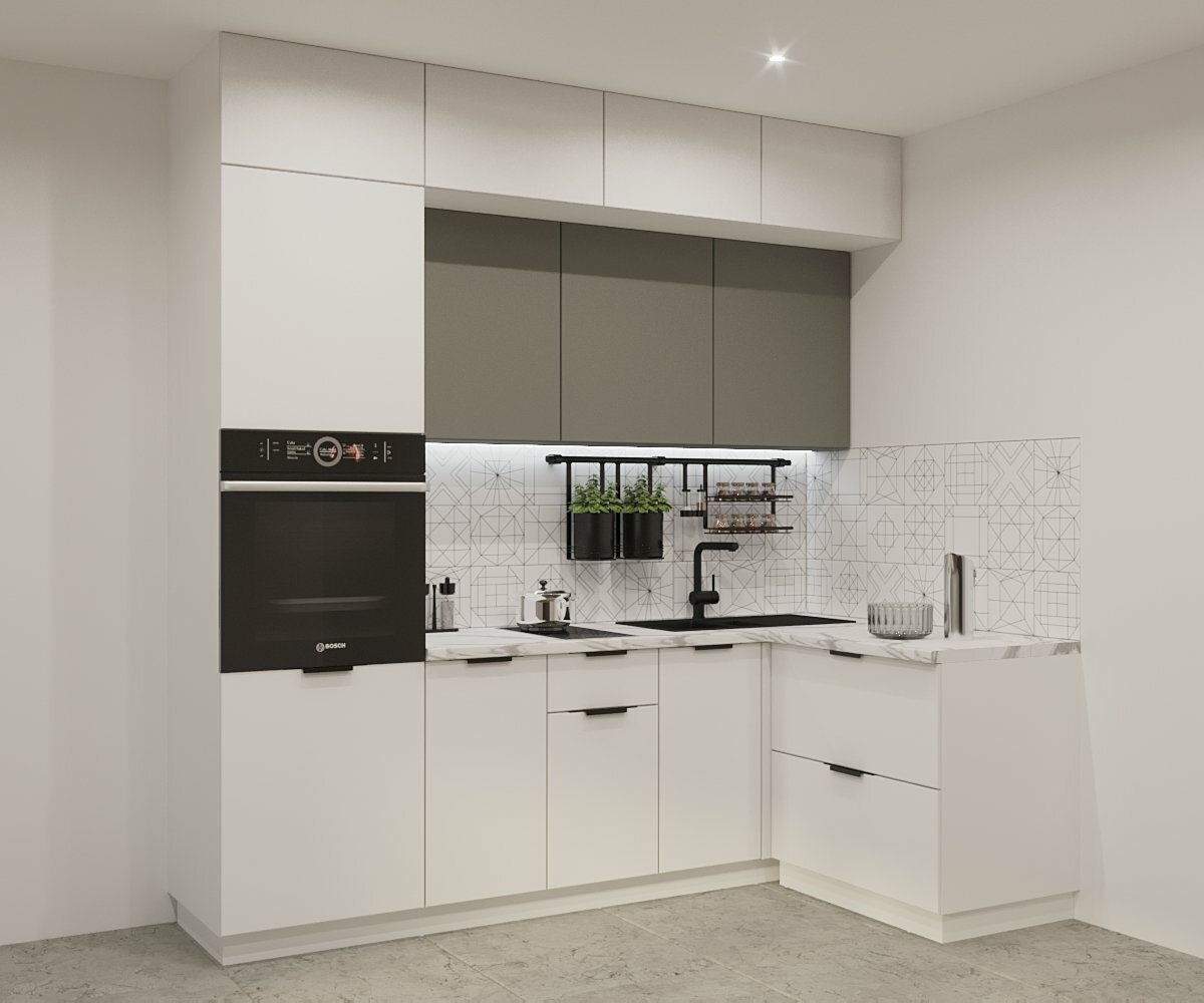 Кухонный угловой гарнитур Фаска Тальк /Обсидиан, с пеналом для бытовой техники, 2400х1400