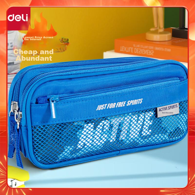 Deli Student Sports Pencil Case, Large Capacity Fashionable Kangaroo Pouch Stationery Box, Elementary School Student Stationery Storage Bag, Blue