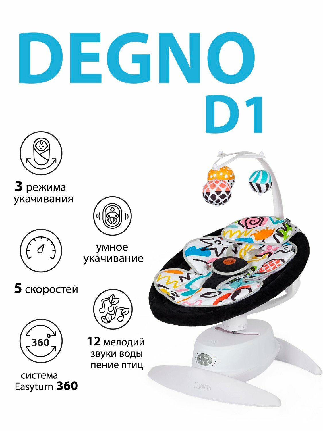 Шезлонг с электронной функцией качения Nuovita Degno D1 Bianco (Grafite nero/Белый, Графитно-черный)