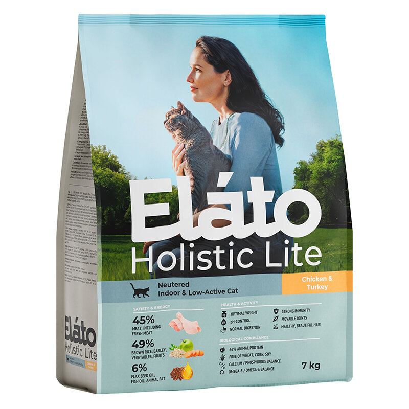 Elato_ Holistic корм для кастрированных котов, стерилизованных и малоактивных кошек с курицей и индейкой, 7кг
