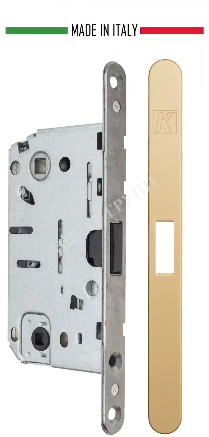 KM.003. CM. A.4. COV. XX Замок супертихий межкомнатный магнитный KOBLENZ WC96 под завертку с отв. планкой с плавным возвратом ручки в исх. п. золото