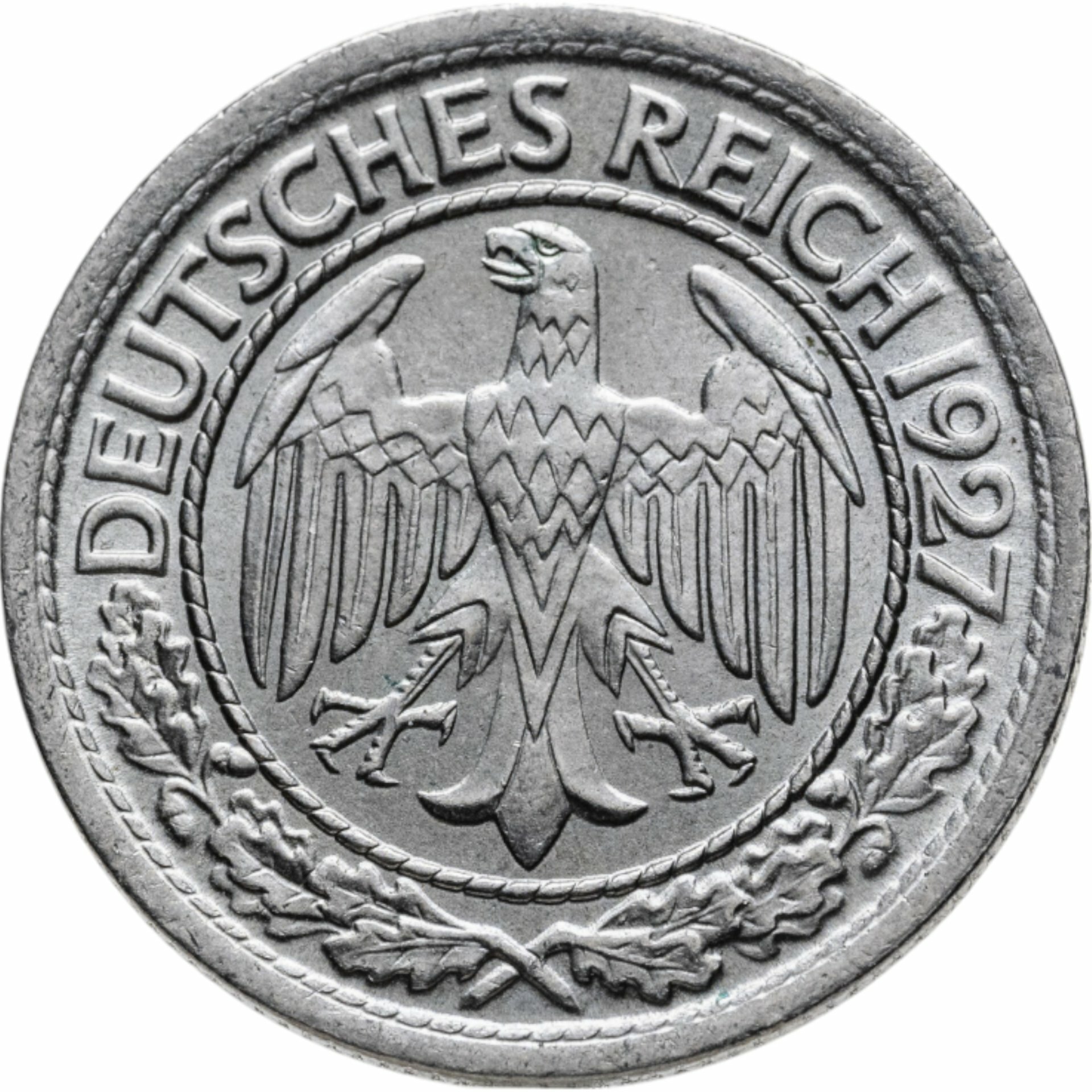 Германия 50 рейхспфеннигов reichspfennig 1927 знак монетного двора "A" — Берлин, Никель, в сохранности AU-UNC