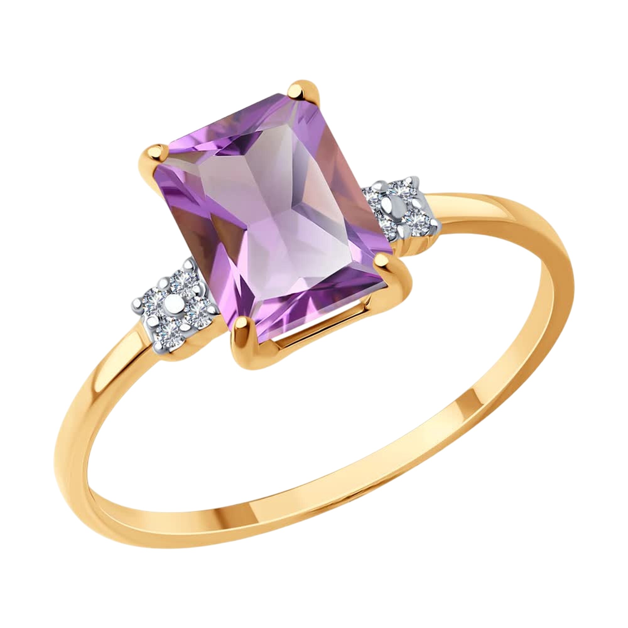 Кольцо, красное золото, 585 проба, аметист, фианит