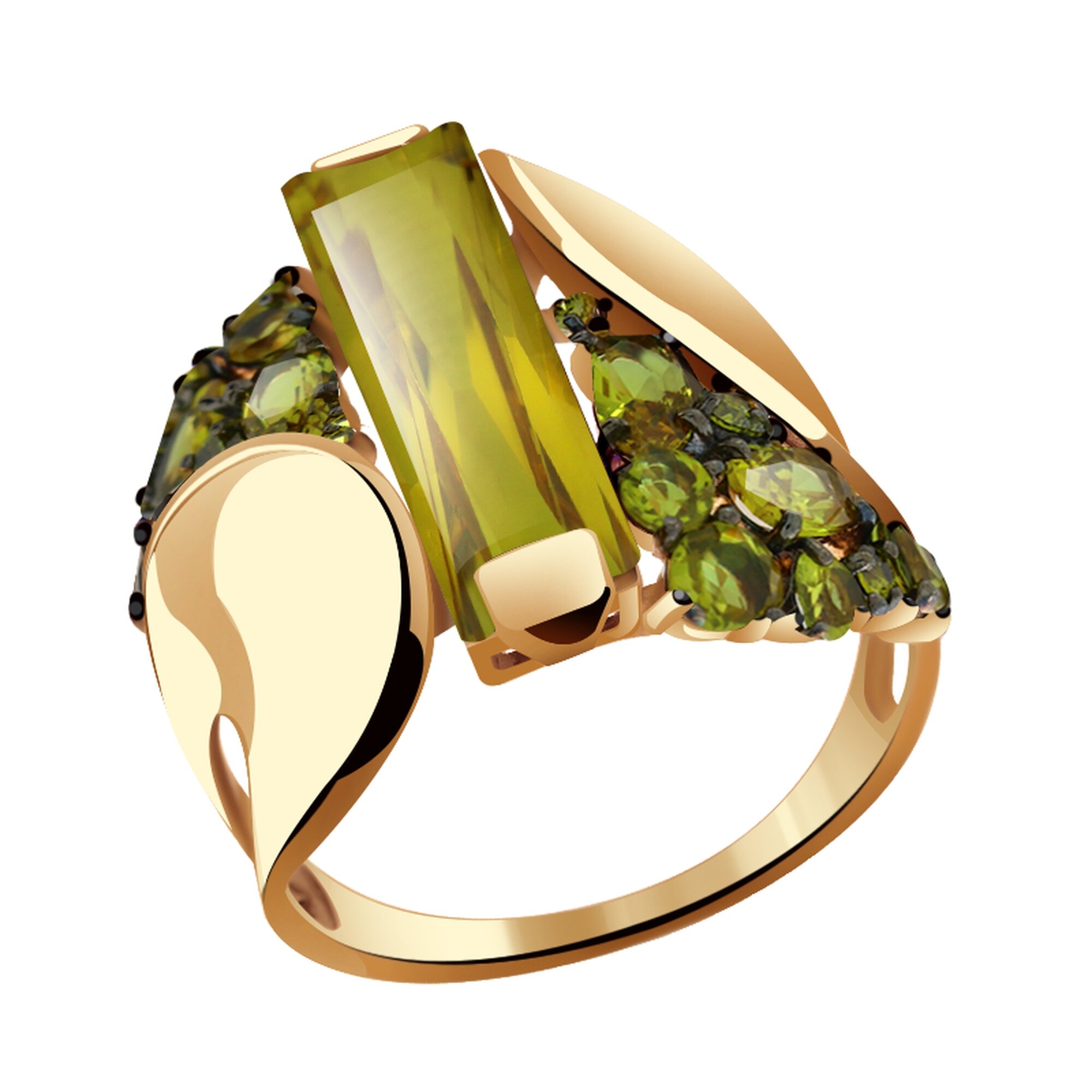 Кольцо широкое, красное золото, 585 проба, султанит, фианит