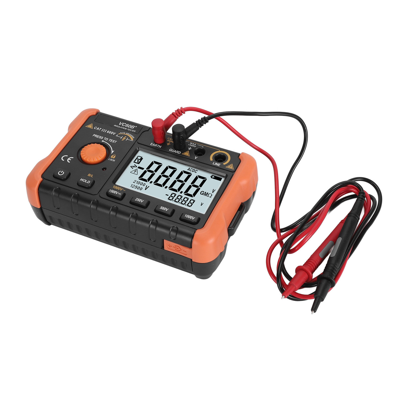 Тестер сопротивления изоляции Мегаомметр цифровой 1000 В 4999 МОм с ЖК-дисплеем с подсветкой и плечевым ремнем