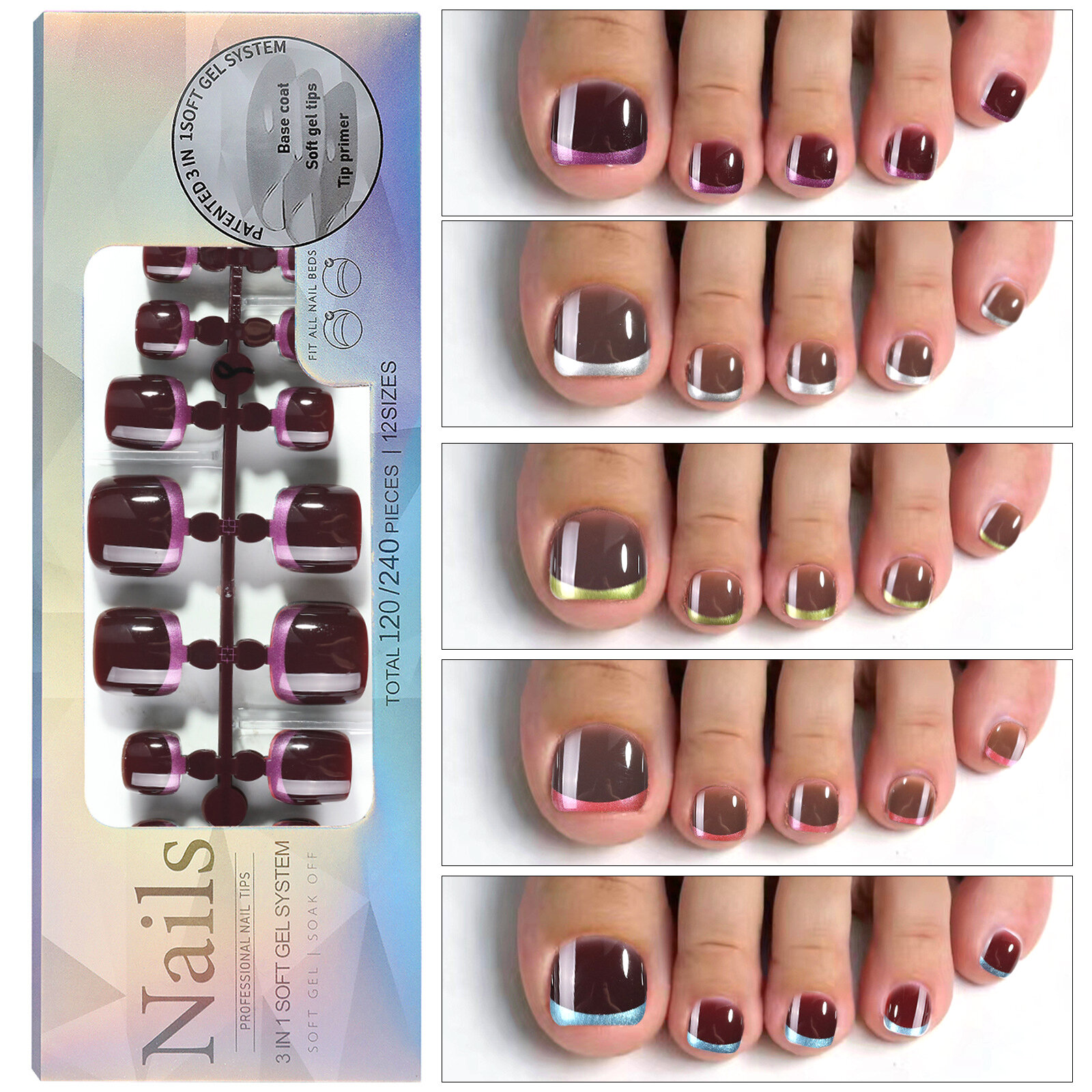 120 шт. гелевых французских типсов для ногтей на ногах, французские типсы для накладных ногтей 12 размеров, накладные ногти, носимые типсы для дизайна ногтей своими руками