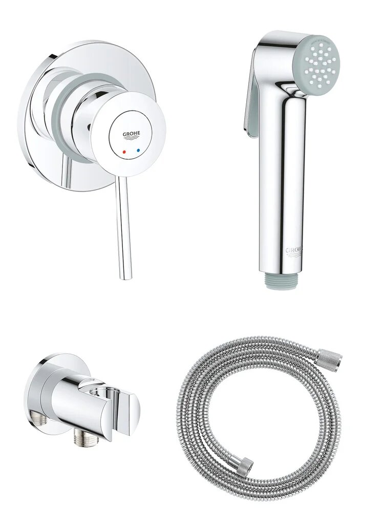 Гигиенический душ Grohe BauClassic 129186 встраиваемый, скрытого монтажа, со смесителем, хром, глянцевый, латунь, рычажный, смеситель для биде