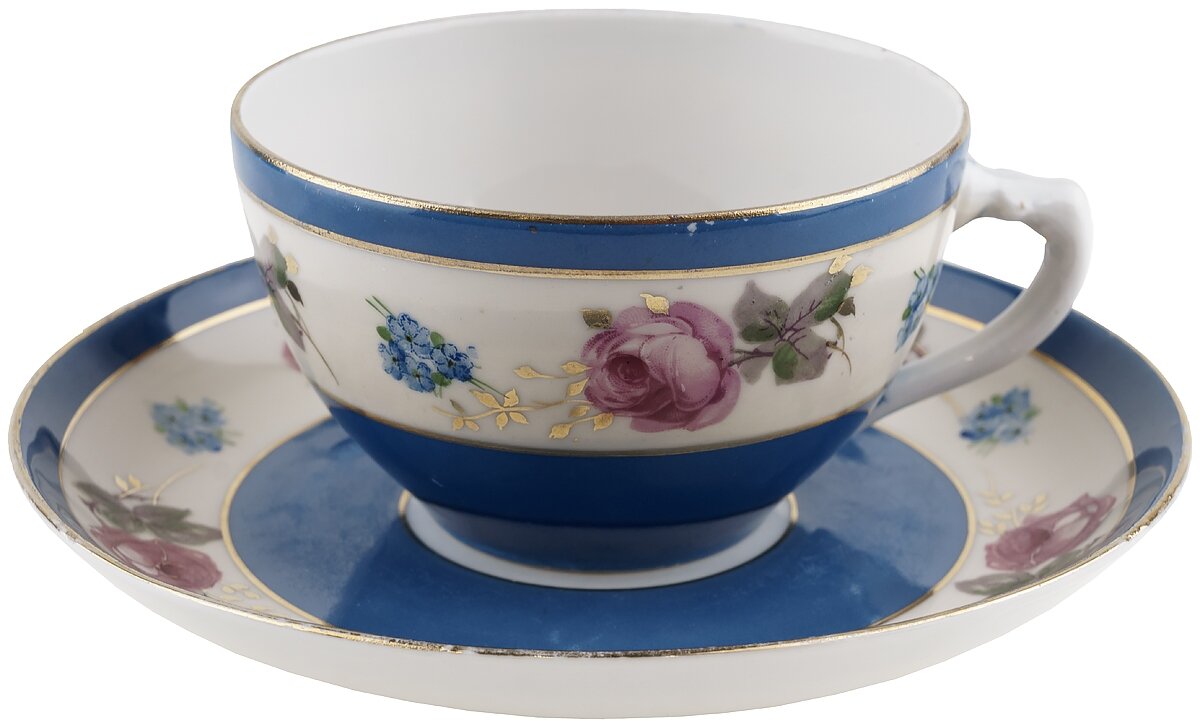 Чайная пара "Голубые небеса", фарфор, винтаж, Дулево, СССР, 1937-1940 гг (потемнения)