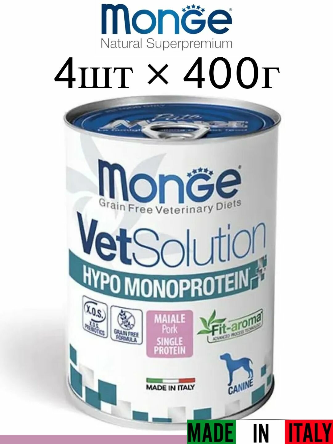 Влажный корм Monge VetSolution HYPO MONOPROTEIN для собак, при пищевой непереносимости , со вкусом свинины (4шт по 400г)