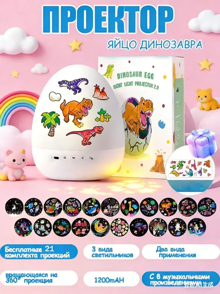 Ночник-проектор детский Яйцо Динозавра, проектор звездного неба, 21 слайд, 3 режима, 1200 мАч, белый