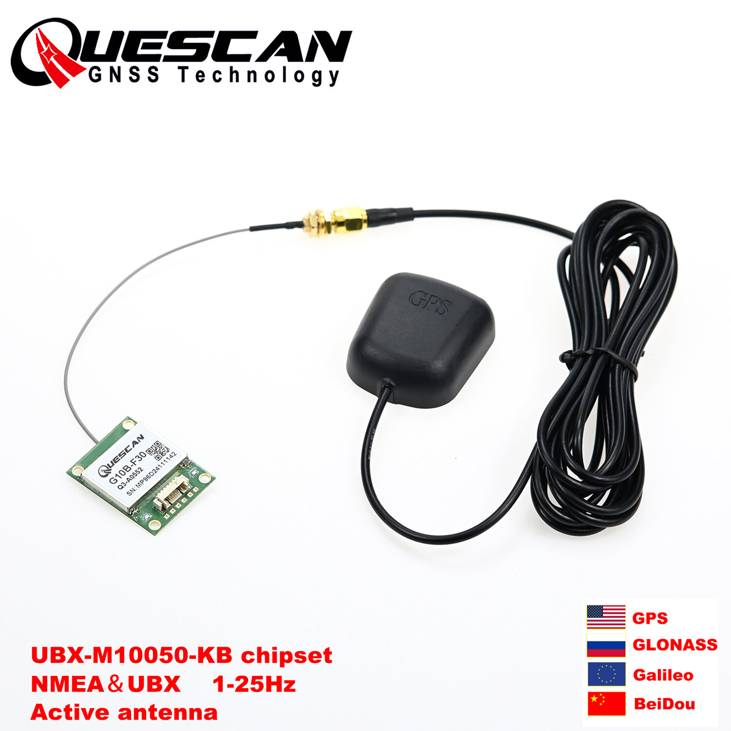 QUESCAN u-blox M10 GPS GLONASS GNSS модуль с активной антенной GPS ГЛОНАСС приемник Galileo Beidou, точность 1,0 м CEP, максимальная частота 25 Гц UBX-M10050-KB приемник GNSS навигационный модуль
