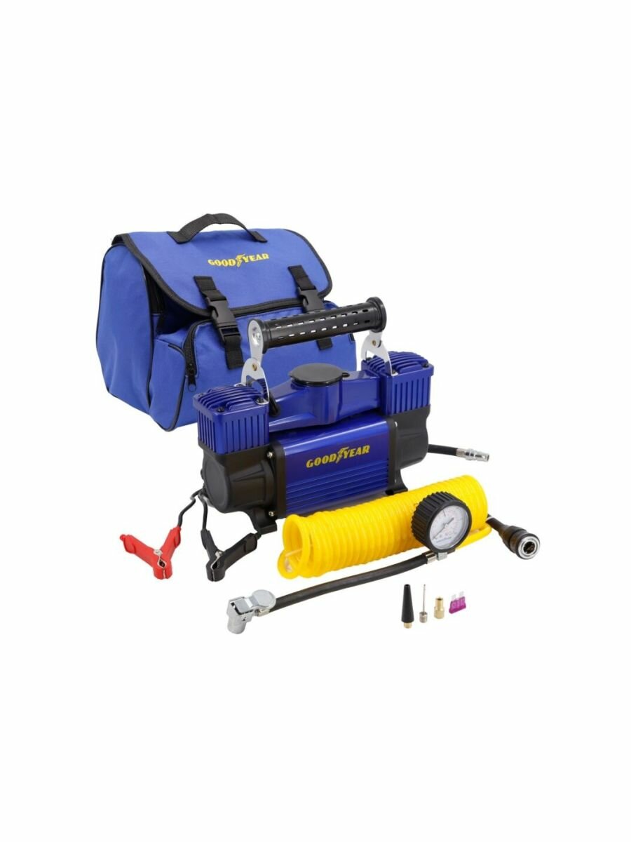 Компрессор Goodyear 80л/мин. двухпоршневой, питание от АКБ, съемный витой шланг, кейс (Goodyear)