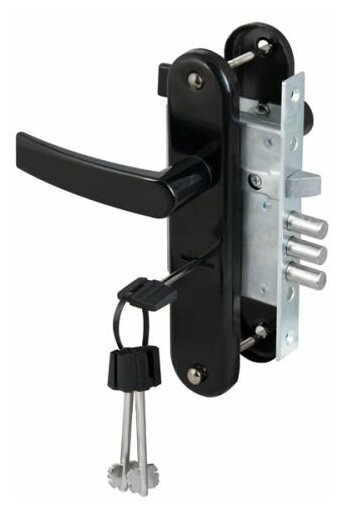 Замок врезной сувальдный с защёлкой в комплекте с ручкой Сам ЗВ9-8/13 (черный муар), 3 кл. /76704/