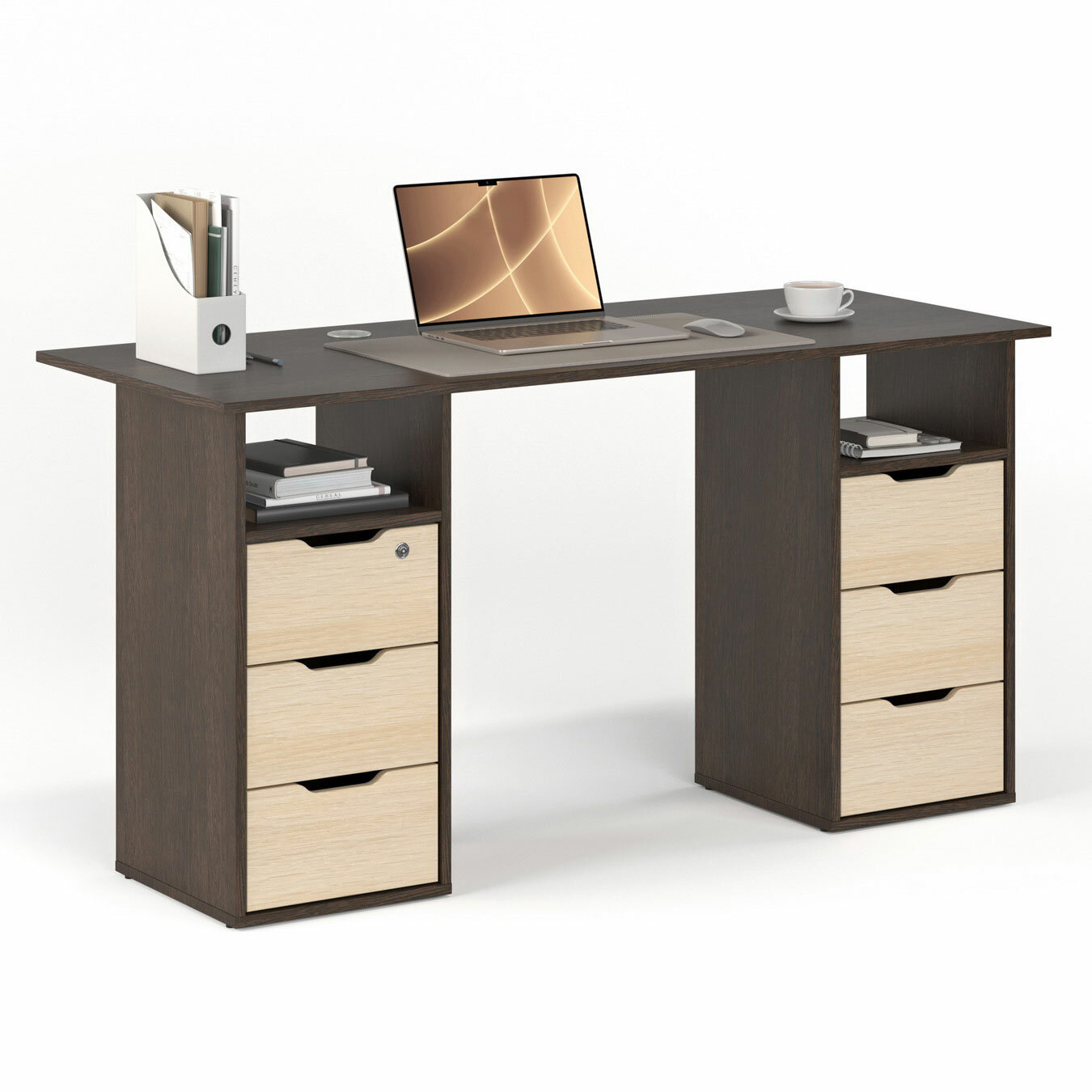 Двухтумбовый письменный стол с шестью ящиками 146х60 см МагМебель №73 венге, дуб молочный