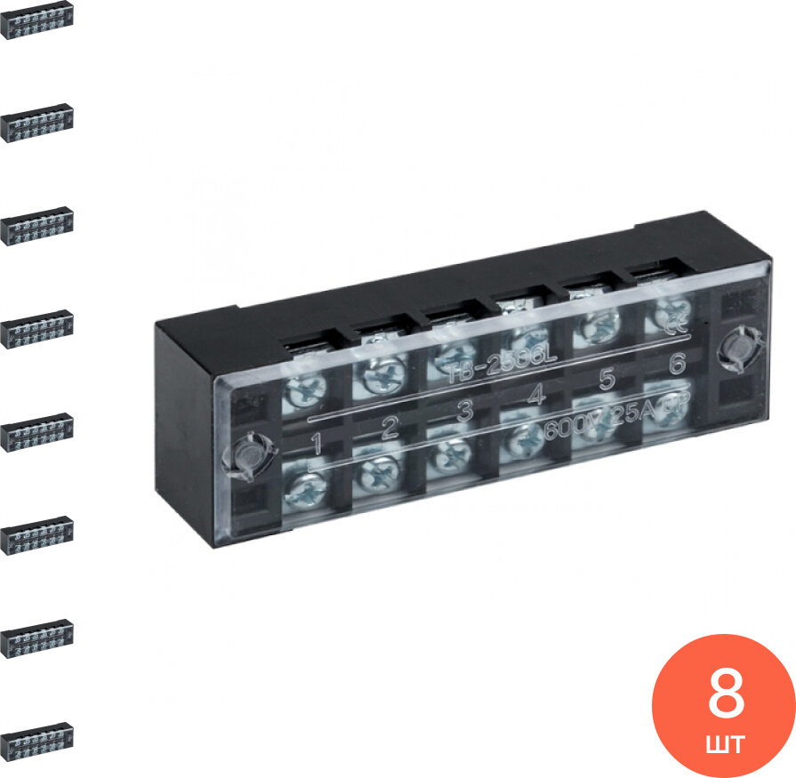 Блок зажимов EKF / ЕКФ PROxima TB-2506 колодка клеммная в корпусе из термопласта черная, сечение 2.5мм2, 25А, 660В, 6 пар контактов / электрика (комплект из 8 шт)
