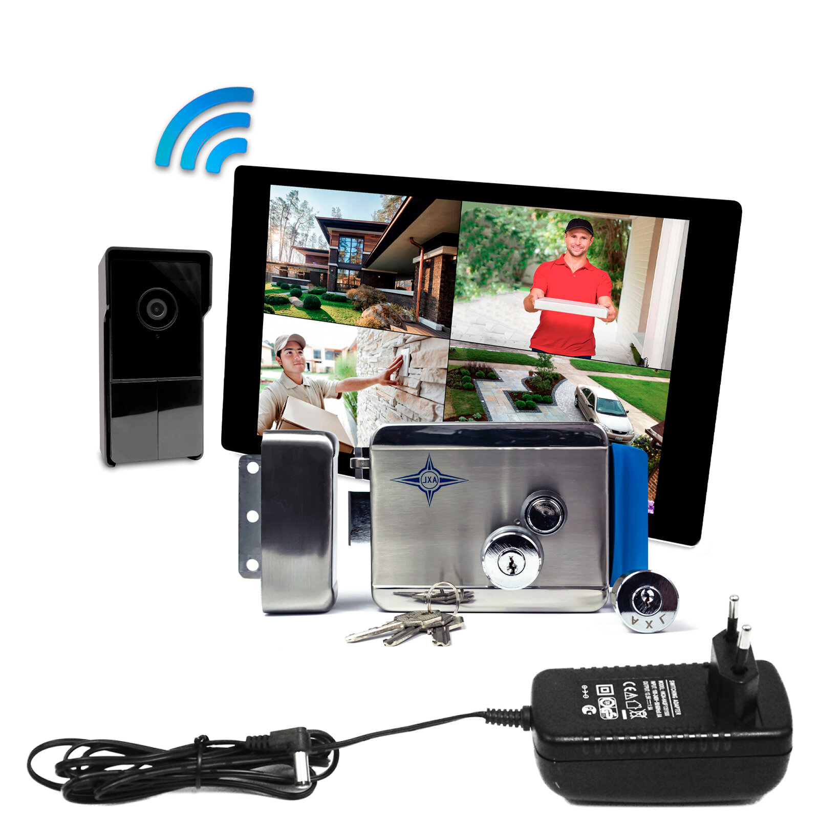 Цветной Wi-Fi домофон TUYA с замком - Sky Net 1000 (1+0+AX091): HD экран 10 дюймов, вызывная видеопанель и замок электромеханический