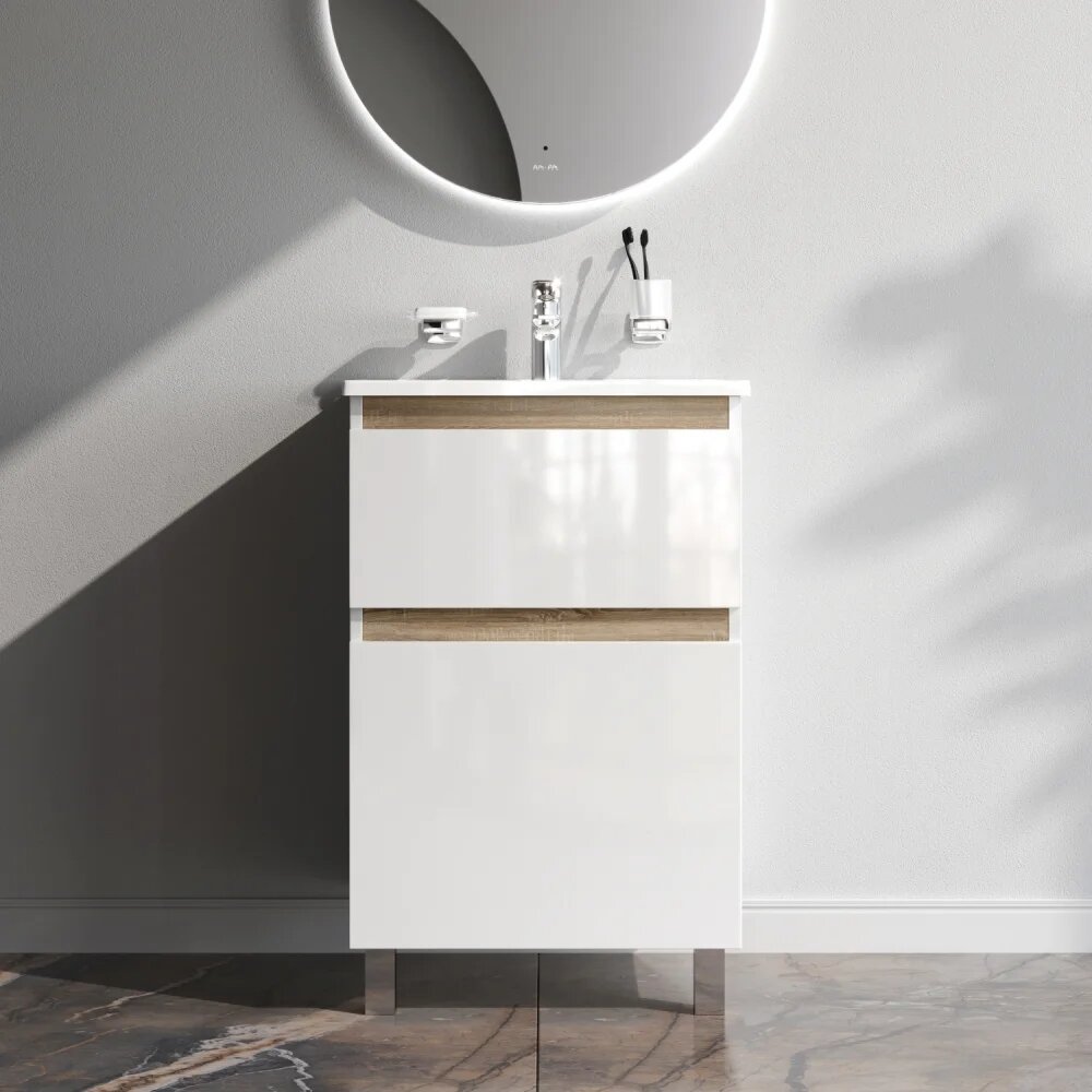 Тумба с раковиной AM.PM X-Joy 55, 54 см, белая, глянцевая, из МДФ, с ящиками, раковина для ванной фарфоровая, прямоугольная, встроенный слив-перелив