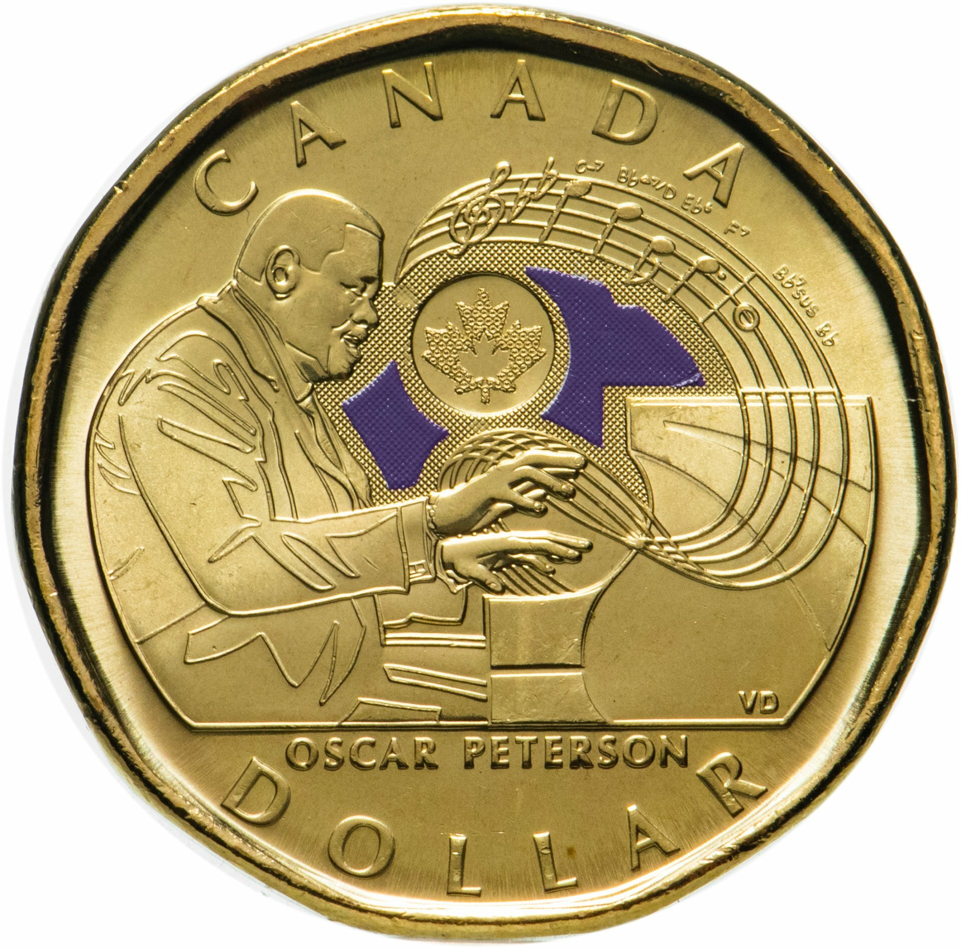 Канада 1 доллар 2022 Оскар Питерсон в цветном исполнении, Сталь с латунным покрытием, в сохранности UNC