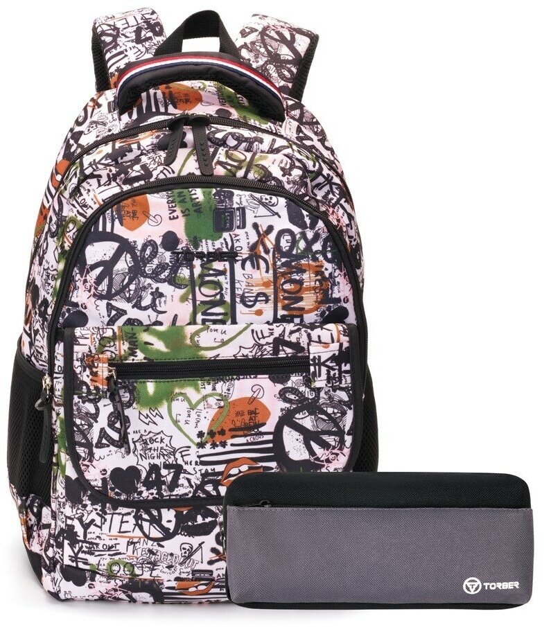 Рюкзак TORBER CLASS X, черно-белый с рисунком, полиэстер, 45 x 30 x 18 см + Пенал в подарок!