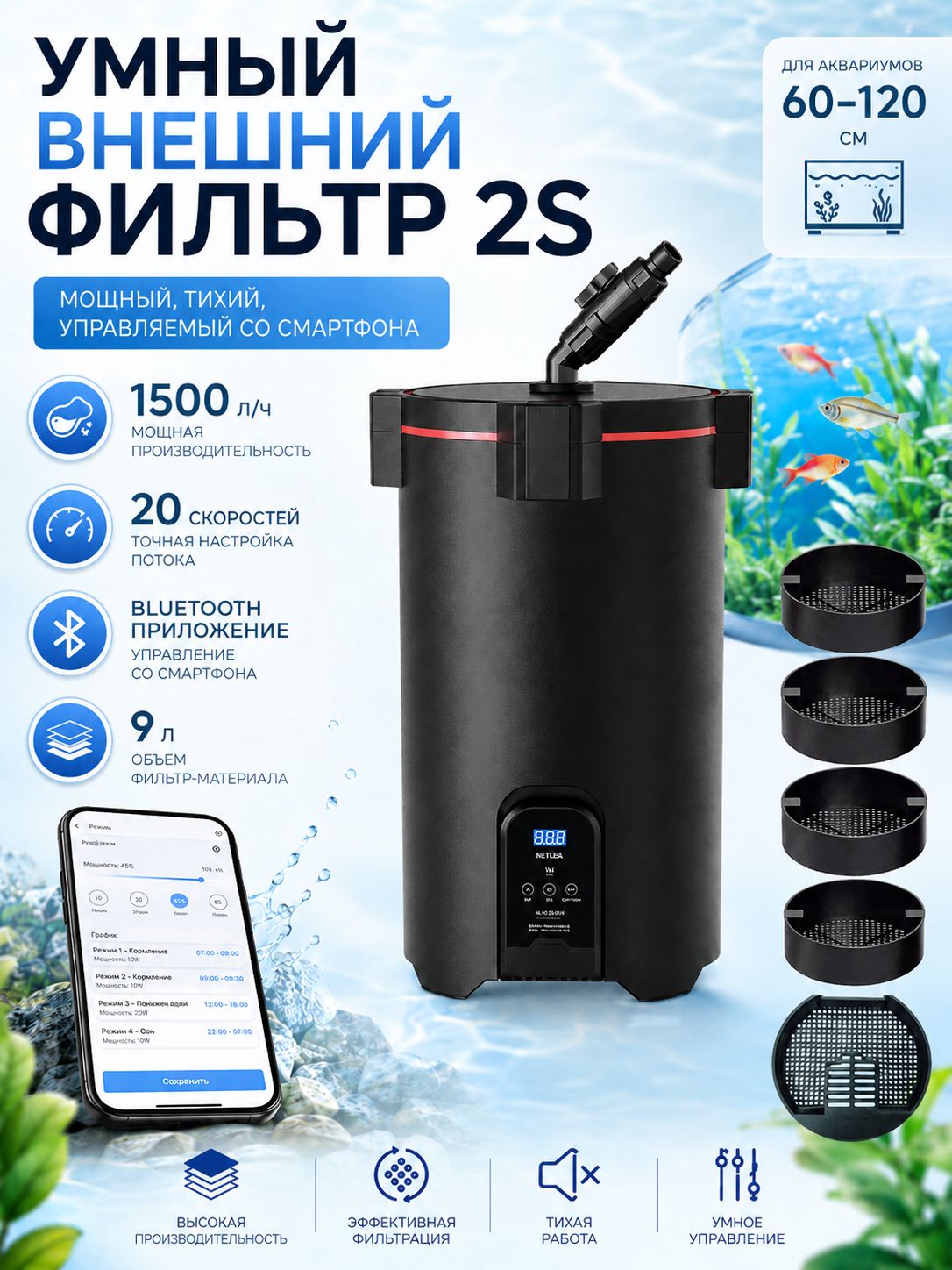 Интеллектуальный внешний фильтр для аквариума 10,8 л, для очистки воды и ухода за рыбами