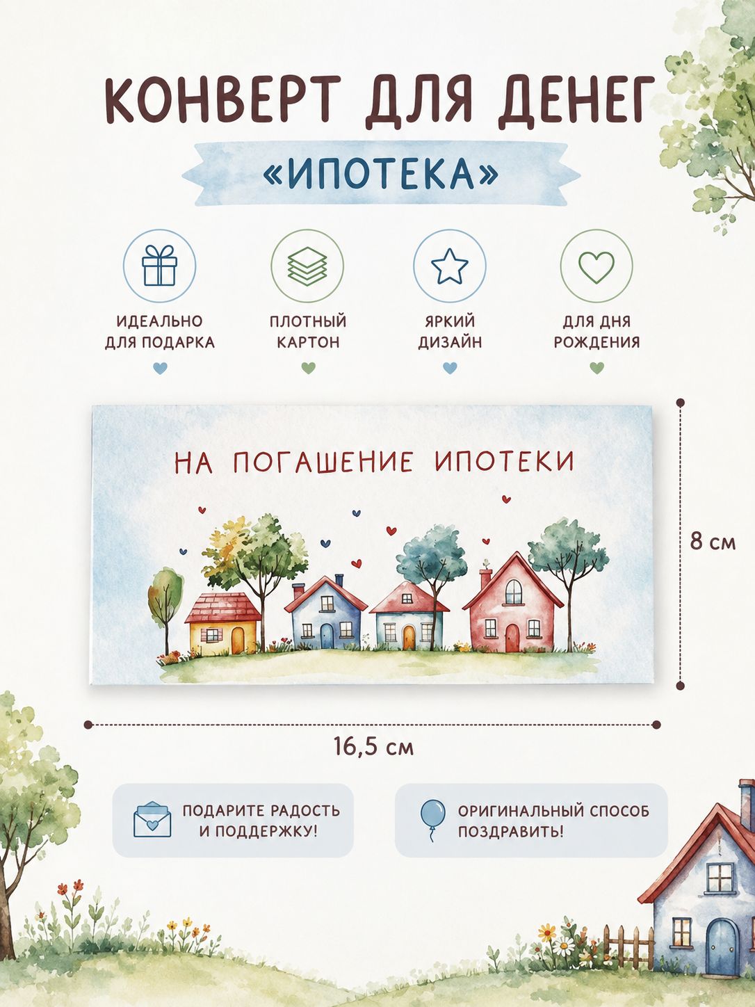 Конверт для денег на ипотеку, подарочный на новоселье и квартиру, конверт для купюр "На погашение ипотеки" 16,5х8 см