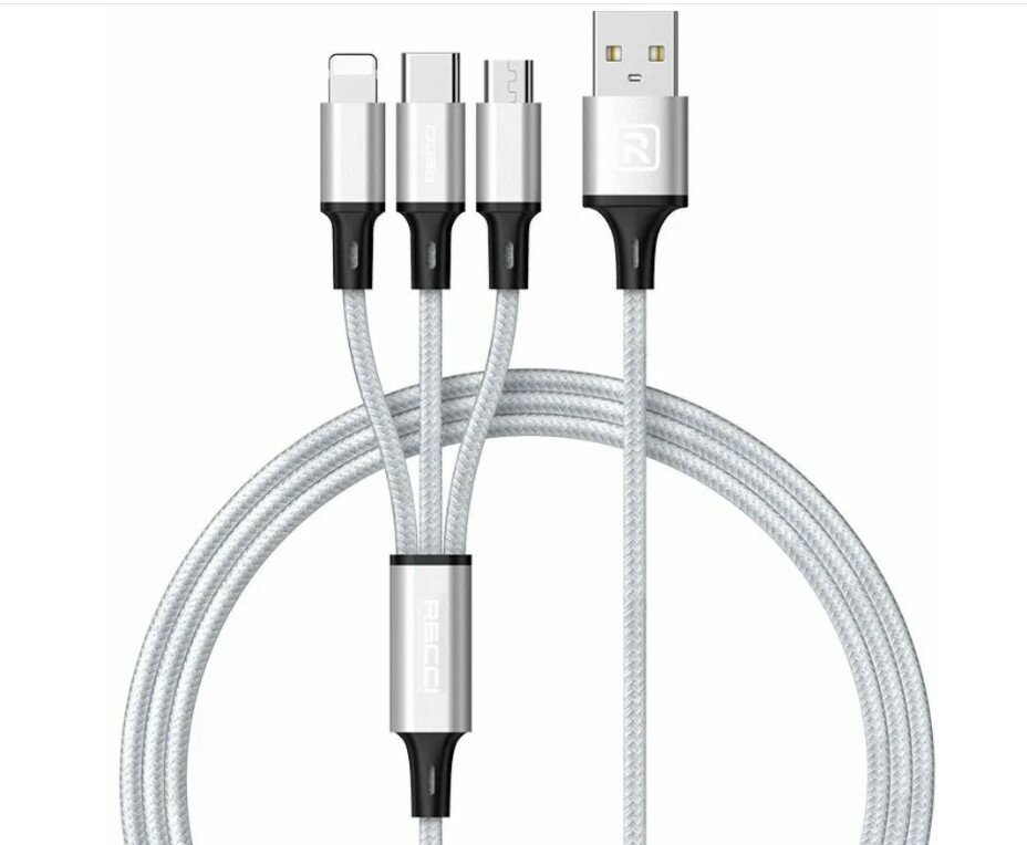 Кабель для зарядки RECCI 3-in-1 FAST WIND, USB to Type-C+Lightning+ micro-USB, 2.4A, 120 см, Серебристый+Черный