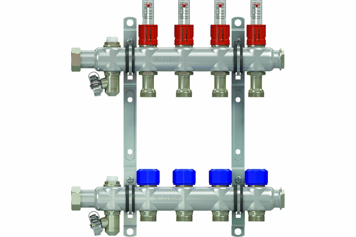 Elsen Коллекторная группа, 1", 9 контуров, размер отвода-3/4", с вентилями и расходомерами, нержавеющая сталь
