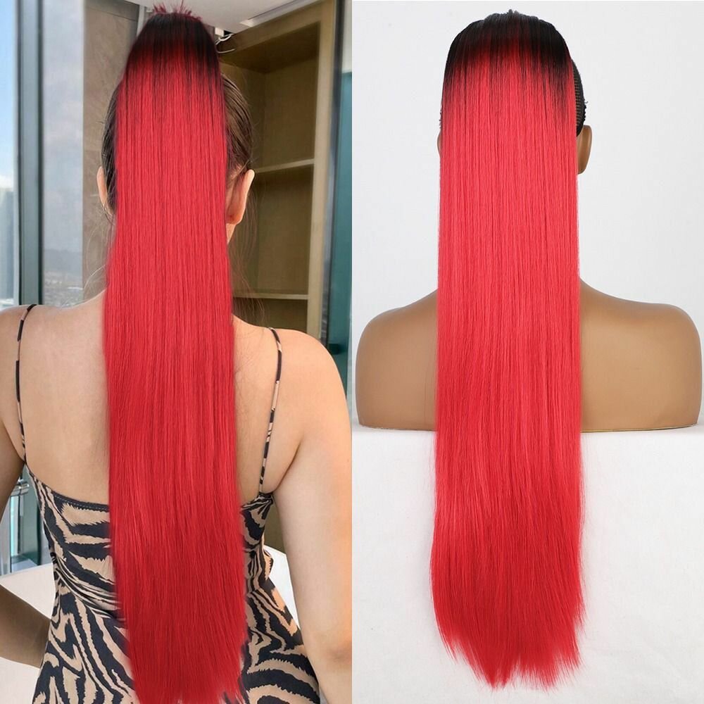 Шиньон. Накладной хвост на резинке для волос длинный на пучок омбре красный